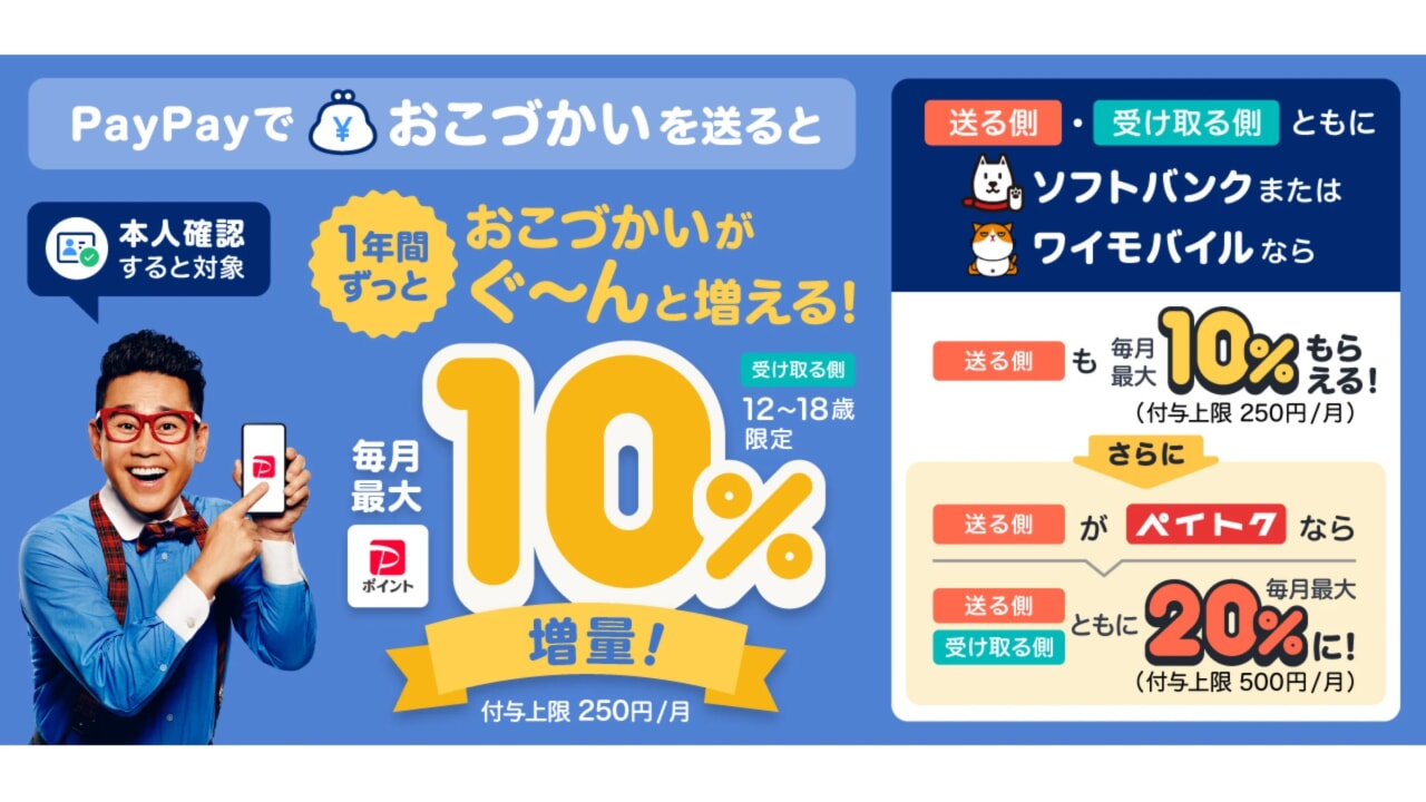 【PayPay】子どもに「おこづかい」を送ると月250円まで10%増量、ペイトクなら双方に最大500円に