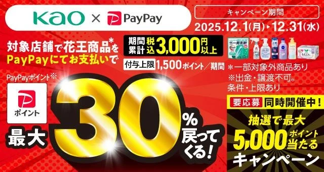 【花王】PayPayで買うと30%還元・dポイントは+20%還元、12月にキャンペーン